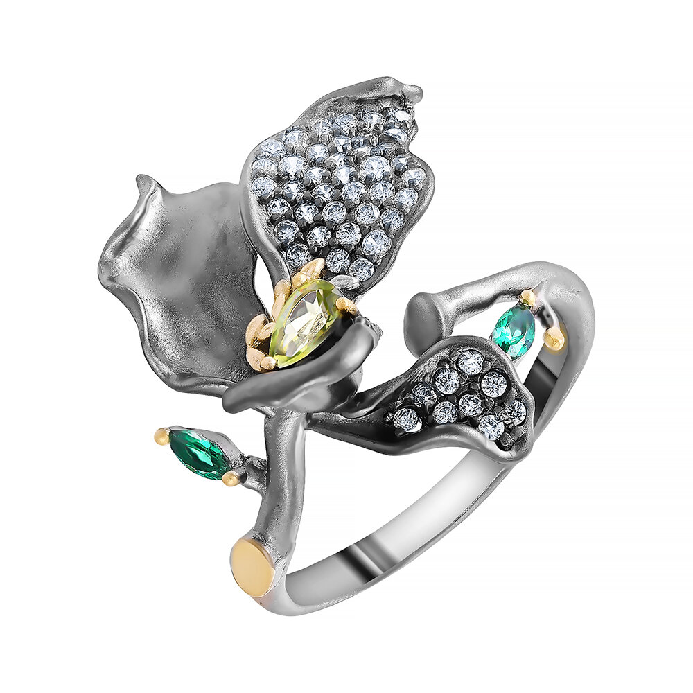 Кольцо, серебро, 925 проба, фианит, перидот