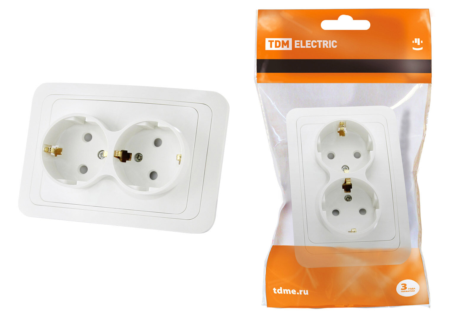 Розетка белая двойная 2П+З 16А c защитными шторками, серия "Валдай" TDM Electric