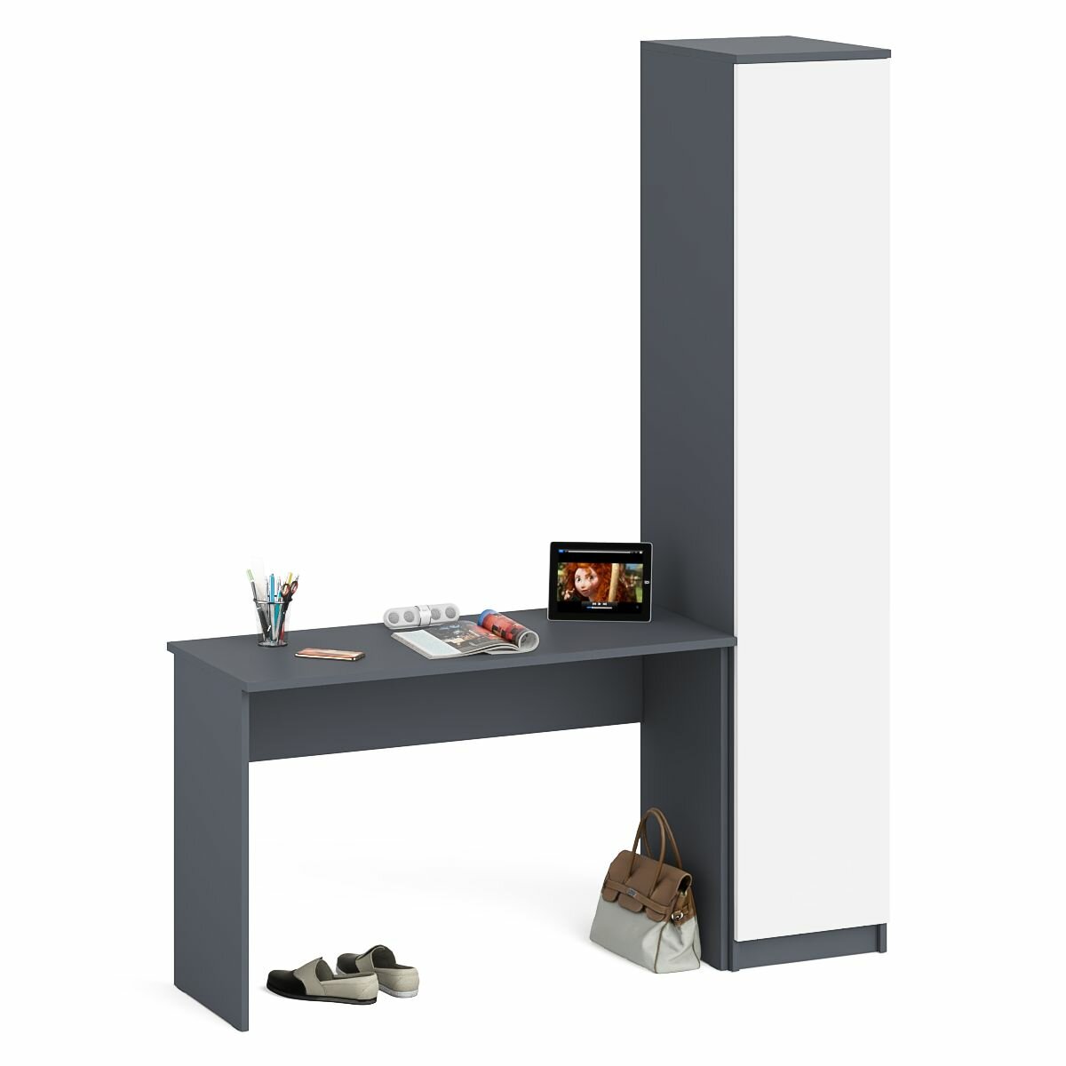 Письменный стол с пеналом СВК Мори МШ400 цвет графит/белый, 160,8х50,4х209,6 см.