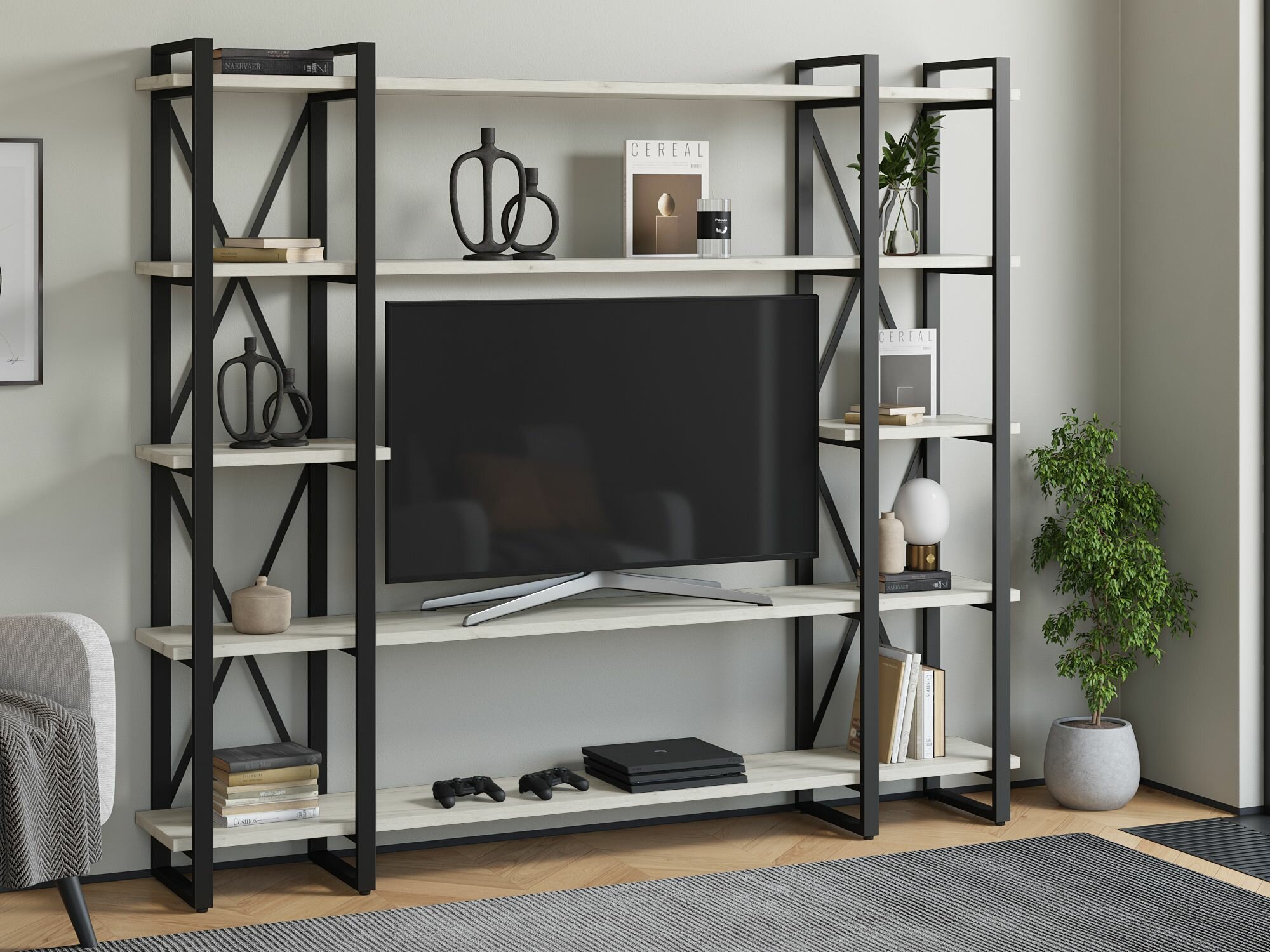 Стеллаж Айсберг Лофт 200х182-4 v4 с полками черный/дуб крафт белый