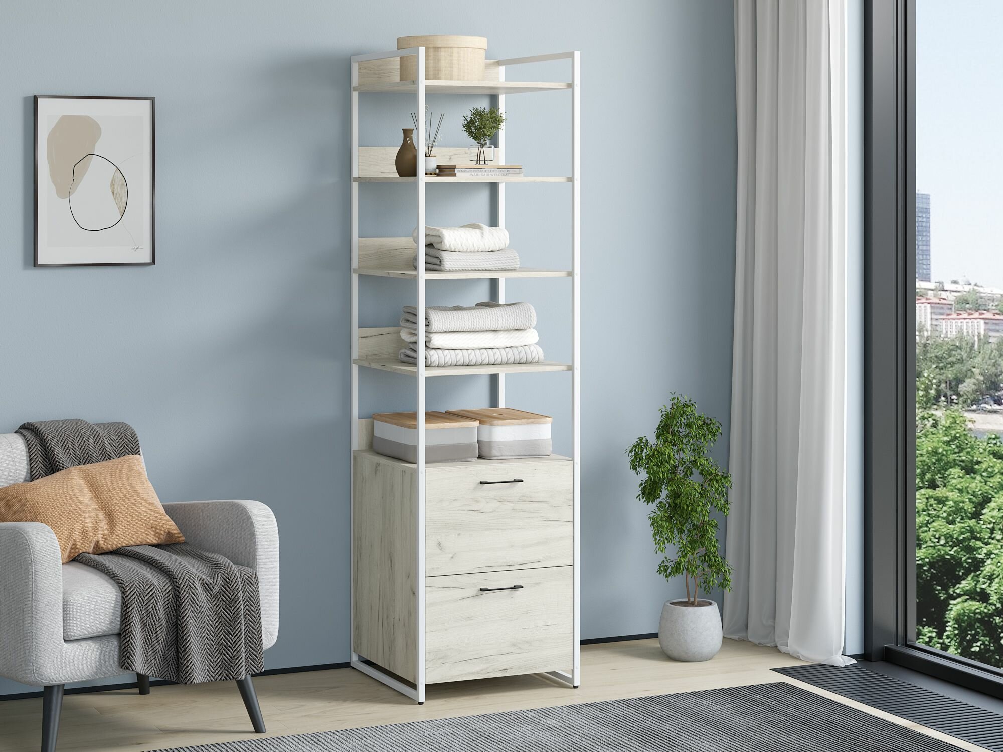 Стеллаж Урбан Лофт 05 с ящиками Белый/Дуб крафт белый