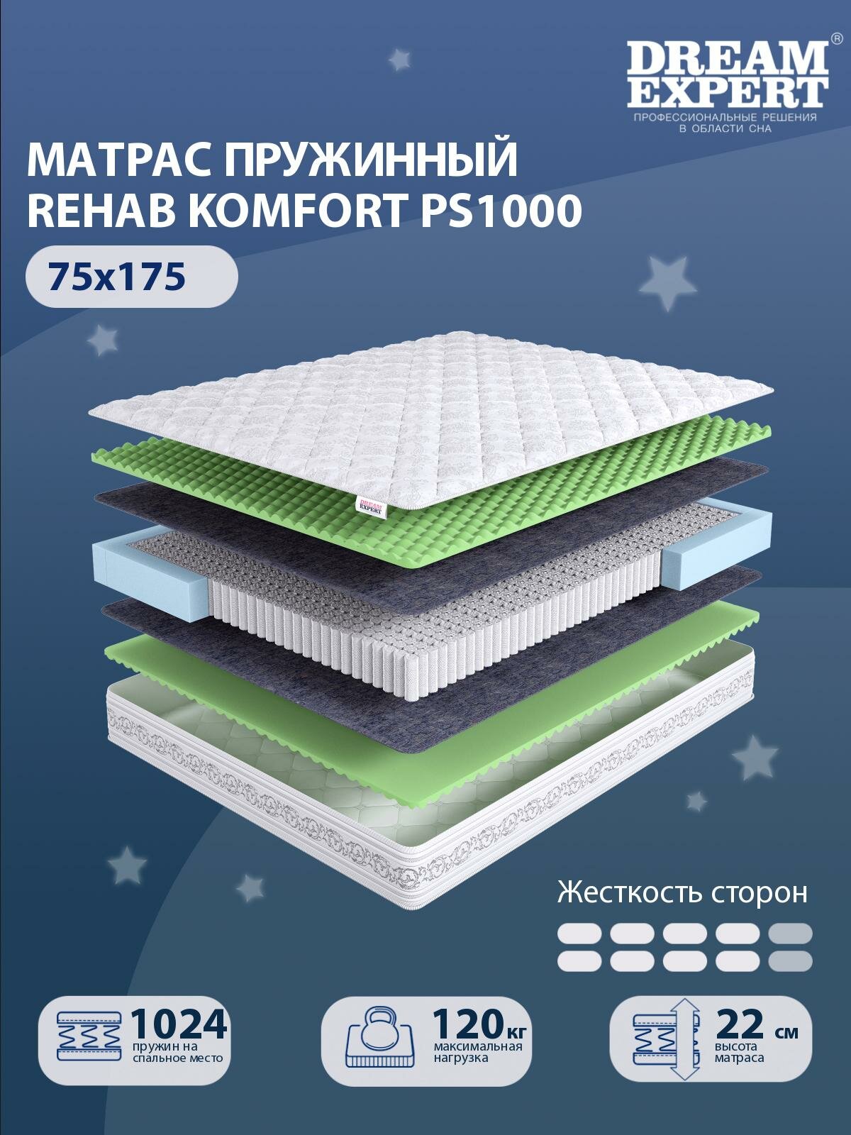 Матрас, Ортопедический матрас DreamExpert Rehab Komfort PS1000 выше средней жесткости, детский, независимый пружинный блок, на кровать 75x175
