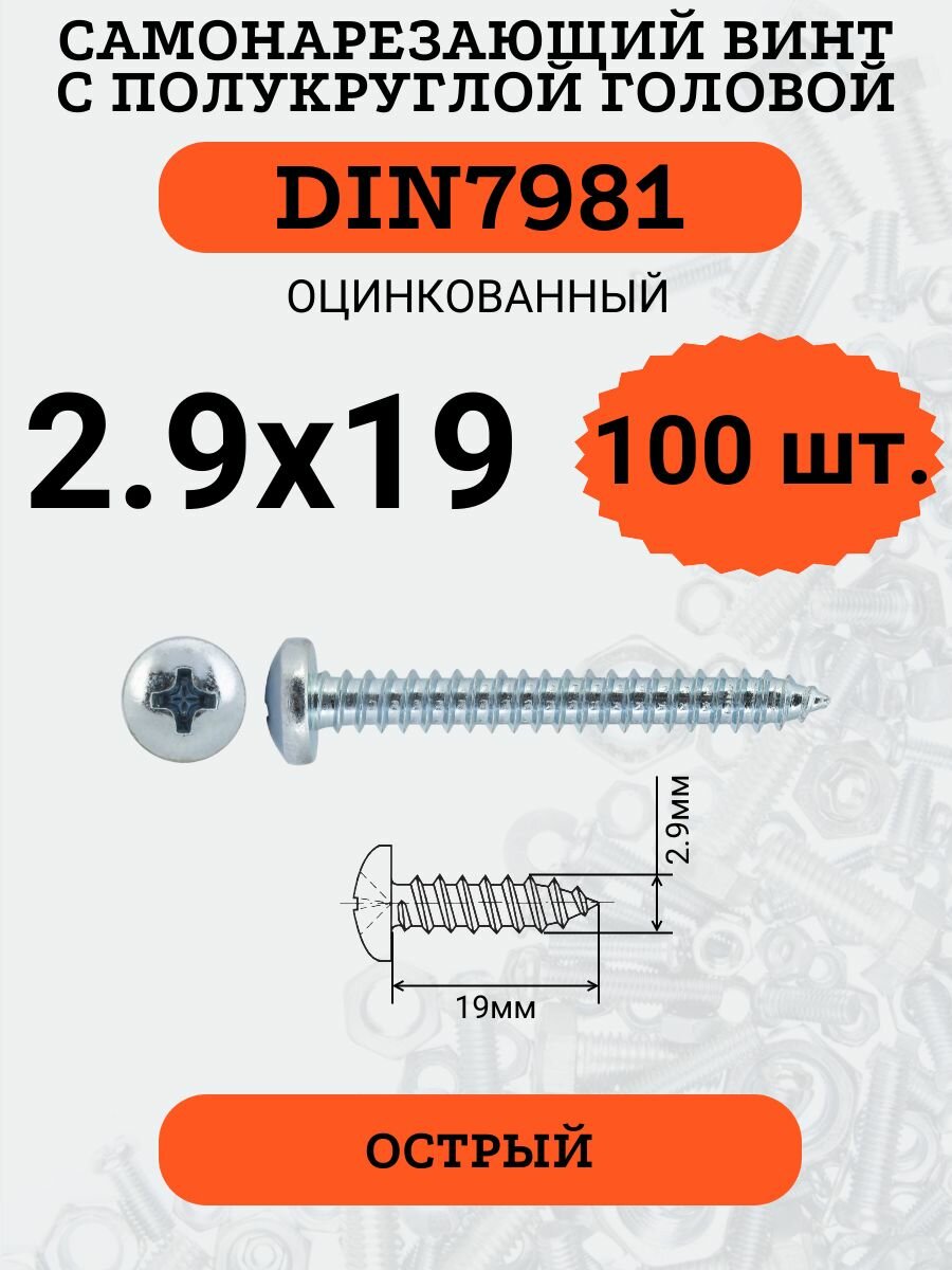 Саморез 2.9х19 по металлу и пластику DIN7981, стальной, оцинкованный, комплект из 100 штук