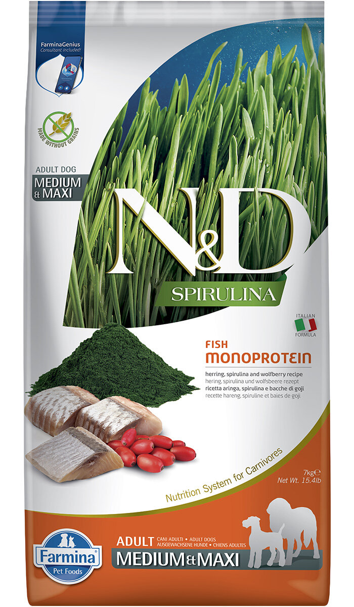 FARMINA DOG N&D GF SPIRULINA ADULT MEDIUM&MAXI HERRING&WOLFBERRY безз собак сельдь, яг годжи, спирул 7 кг