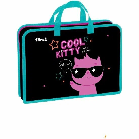 Папка с ручками 1 отделение, А4 Först "Cool kitty", 340*245*75мм, пластик, на молнии