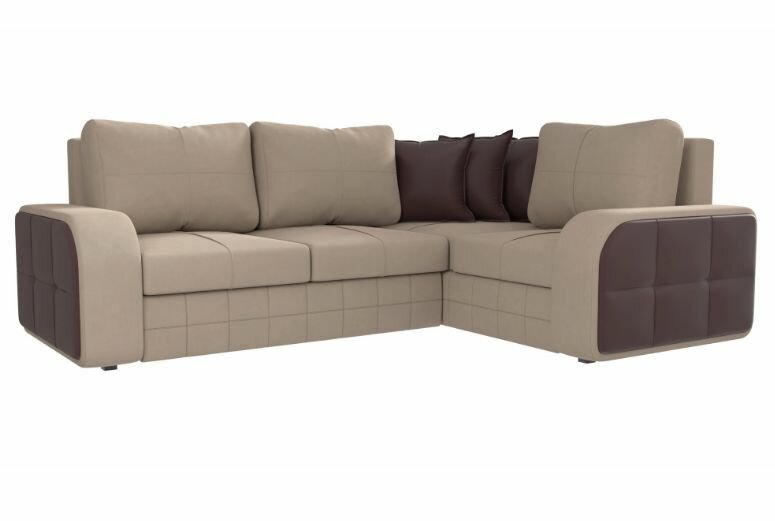 Угловой диван Николь №2 Велюр Темно Бежевый/Экокожа Коричневый Угол правый, Ящик для белья, 268х195х95см