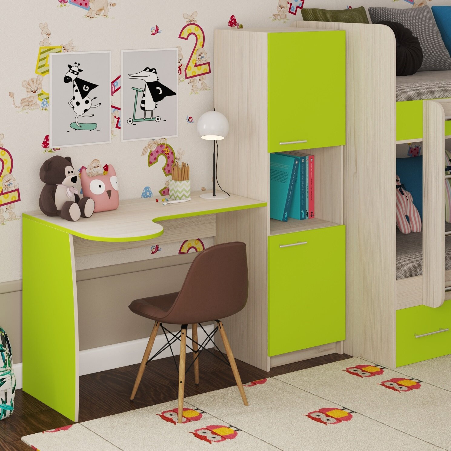 Компьютерный стол со стеллажом, с пеналом, Есэндвич Лаворо, 145x67,5х150 см, правый (Сосна астрид/Лайм)