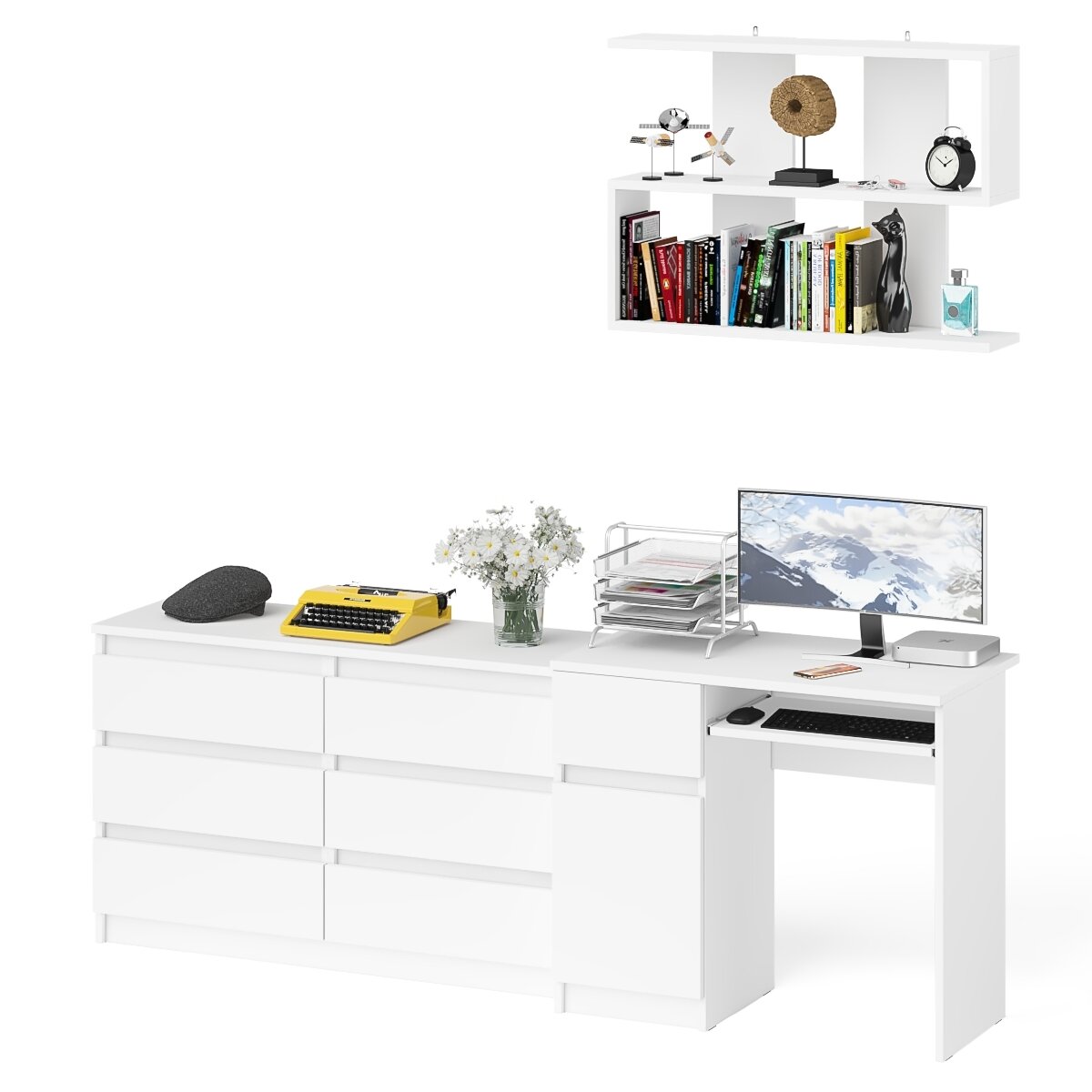 Большой комод на 6-ть ящиков СВК Мори с компьютерным столом левый и полка белый