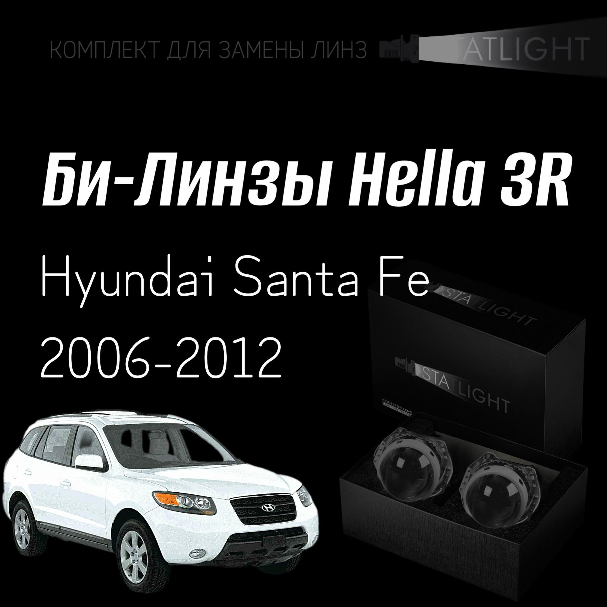 Биксеноновые линзы Hella 3R для фар Hyundai Santa Fe 2006-2012, комплект биксеноновых линз, 2 шт