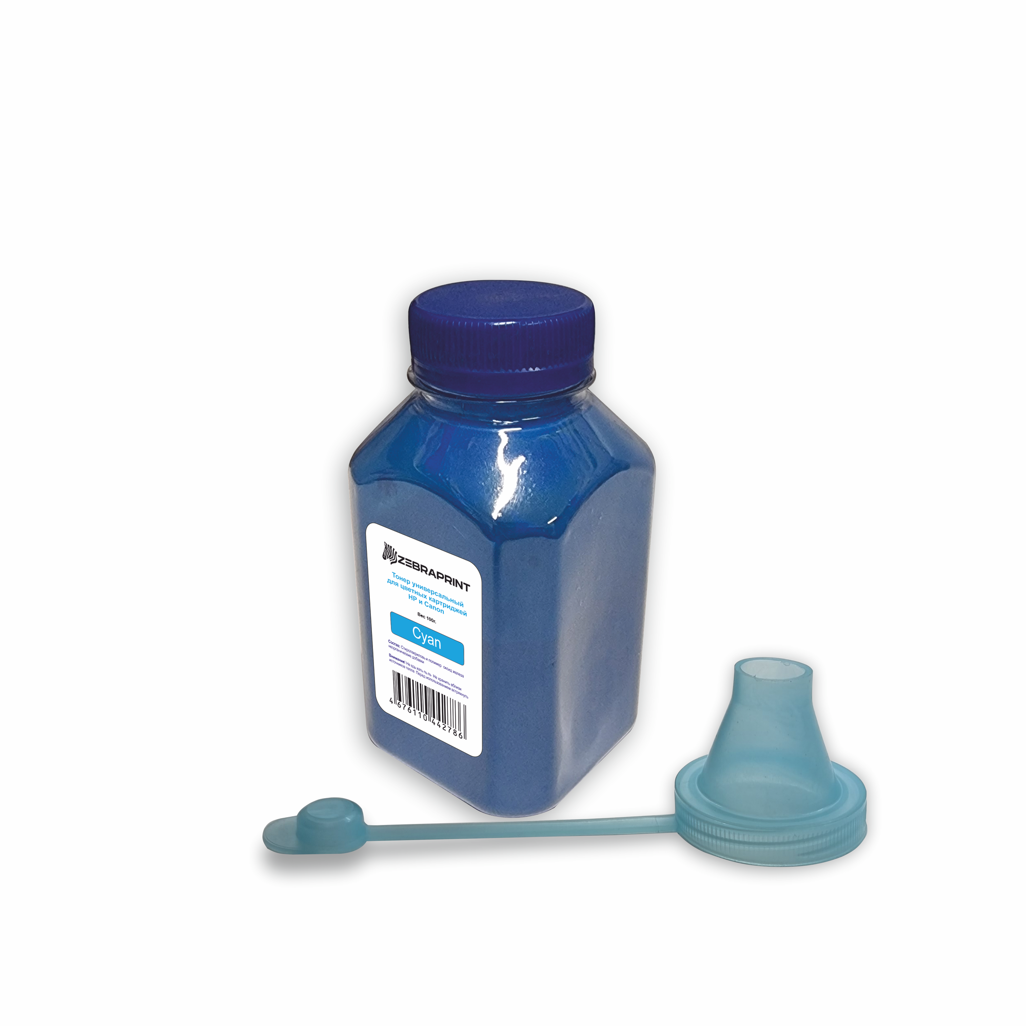 Тонер универсальный для заправки цветных картриджей HP и Canon (Голубой, 100г) с воронкой