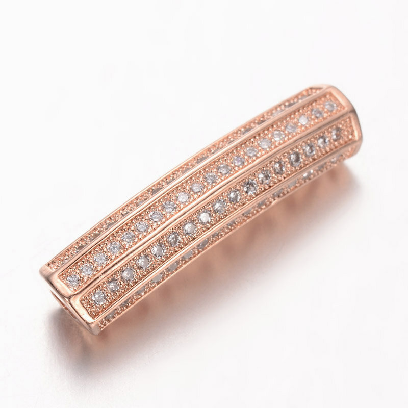 Бусина металлическая 27х8х6мм, Milano, Трубочка с резными завитками, с фианитами, базовый материал - латунь, под розовое золото, 1 шт.