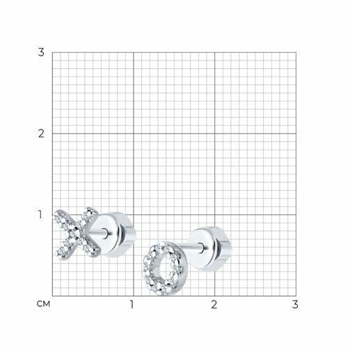 Серьги пусеты серебро, 925 проба, родирование, фианит, длина 0.5 см, , серебристый — фото 1