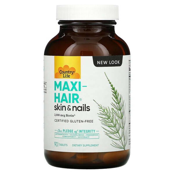 Country Life, Maxi-Hair, средство для кожи и ногтей (стеклянный флакон), 90 таблеток