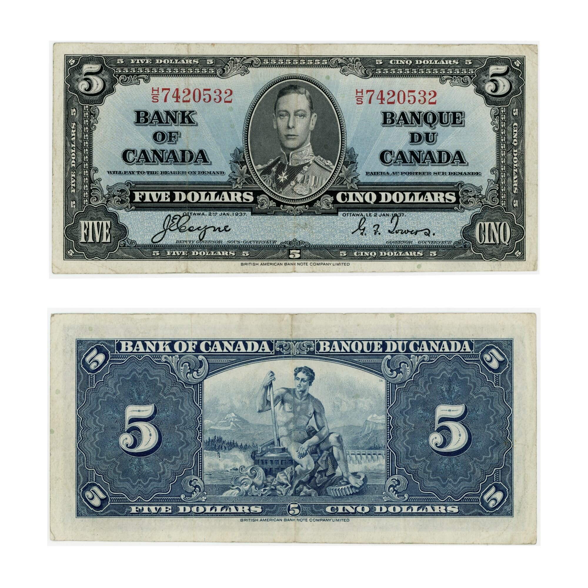 Банкнота Канада 5 долларов FIVE DOLLARS 1937 год (VF-F) Pick 60