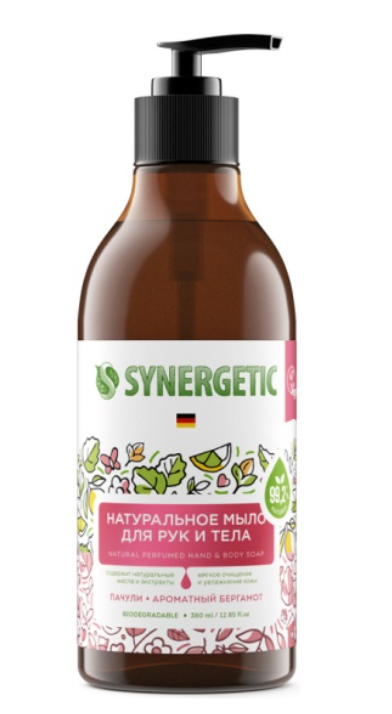 Натуральное мыло для рук и тела Synergetic Пачули и ароматный бергамот, 380 мл