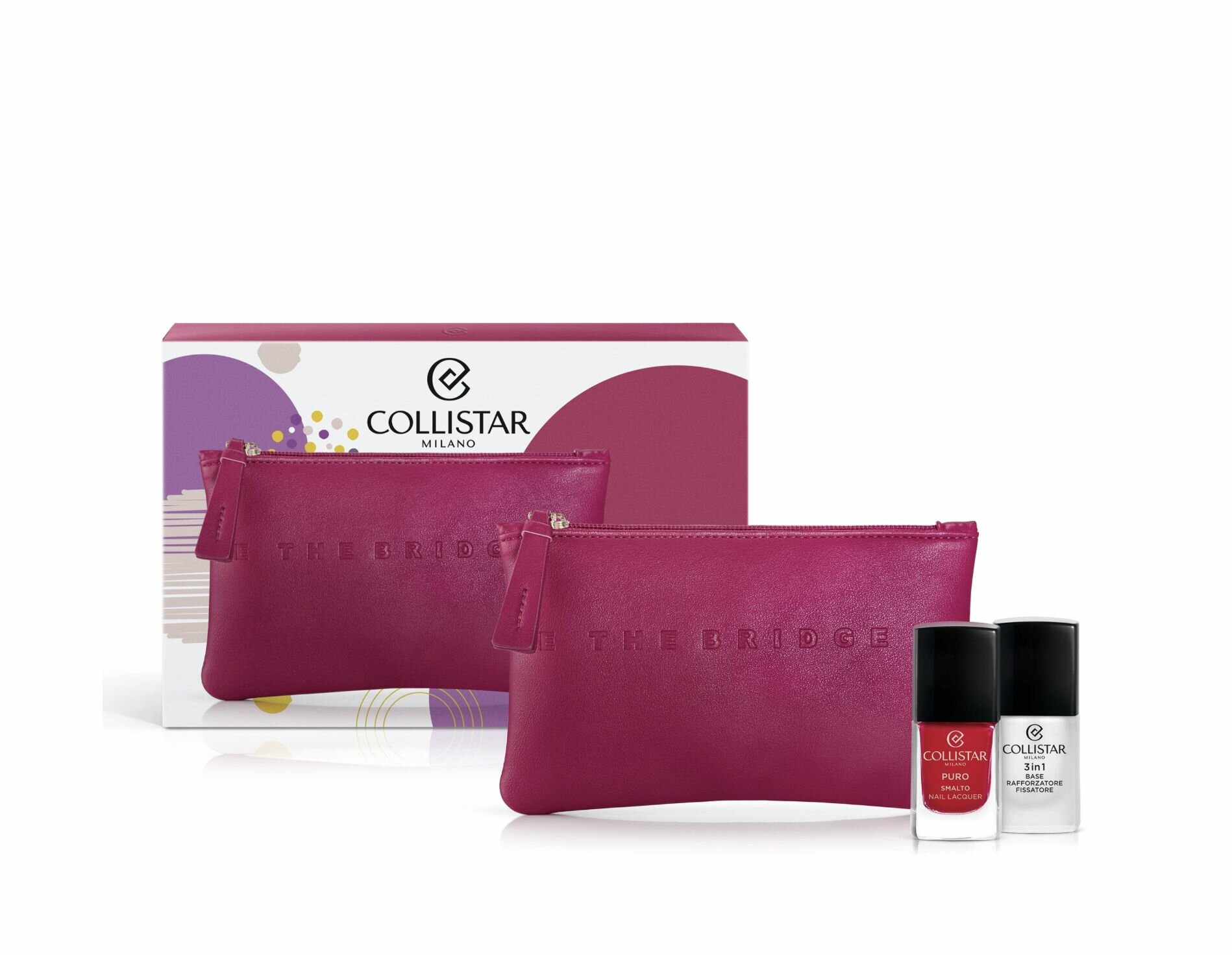 Collistar - Набор: N111 Red Milan, Лак для ногтей красный 10ml + База 3в1 -Укрепитель-Фиксатор 10 мл + Косметичка