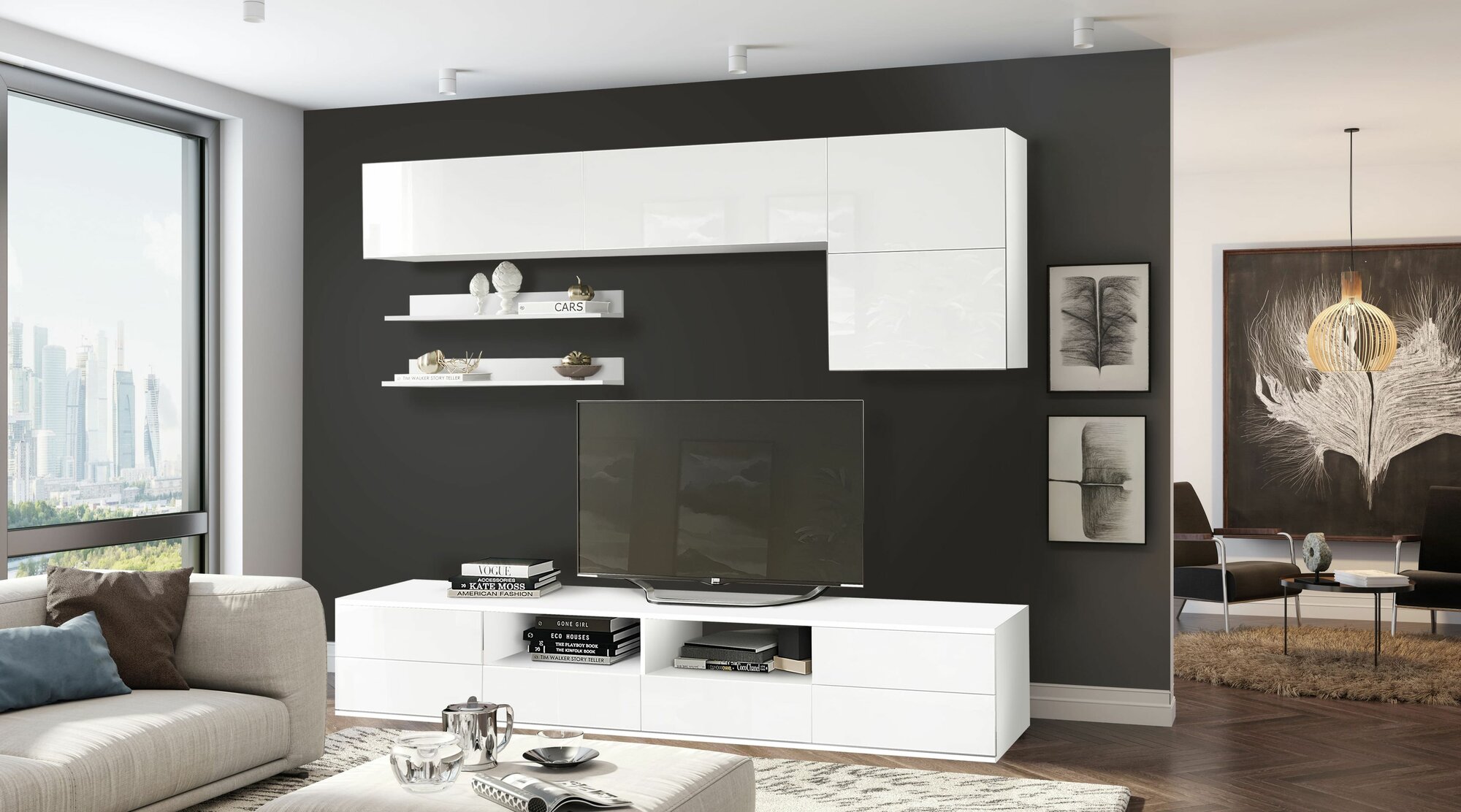 Гостиная "Лия-2" МДФ (2400х1900х470) Белый/Белый глянец (Rikko)