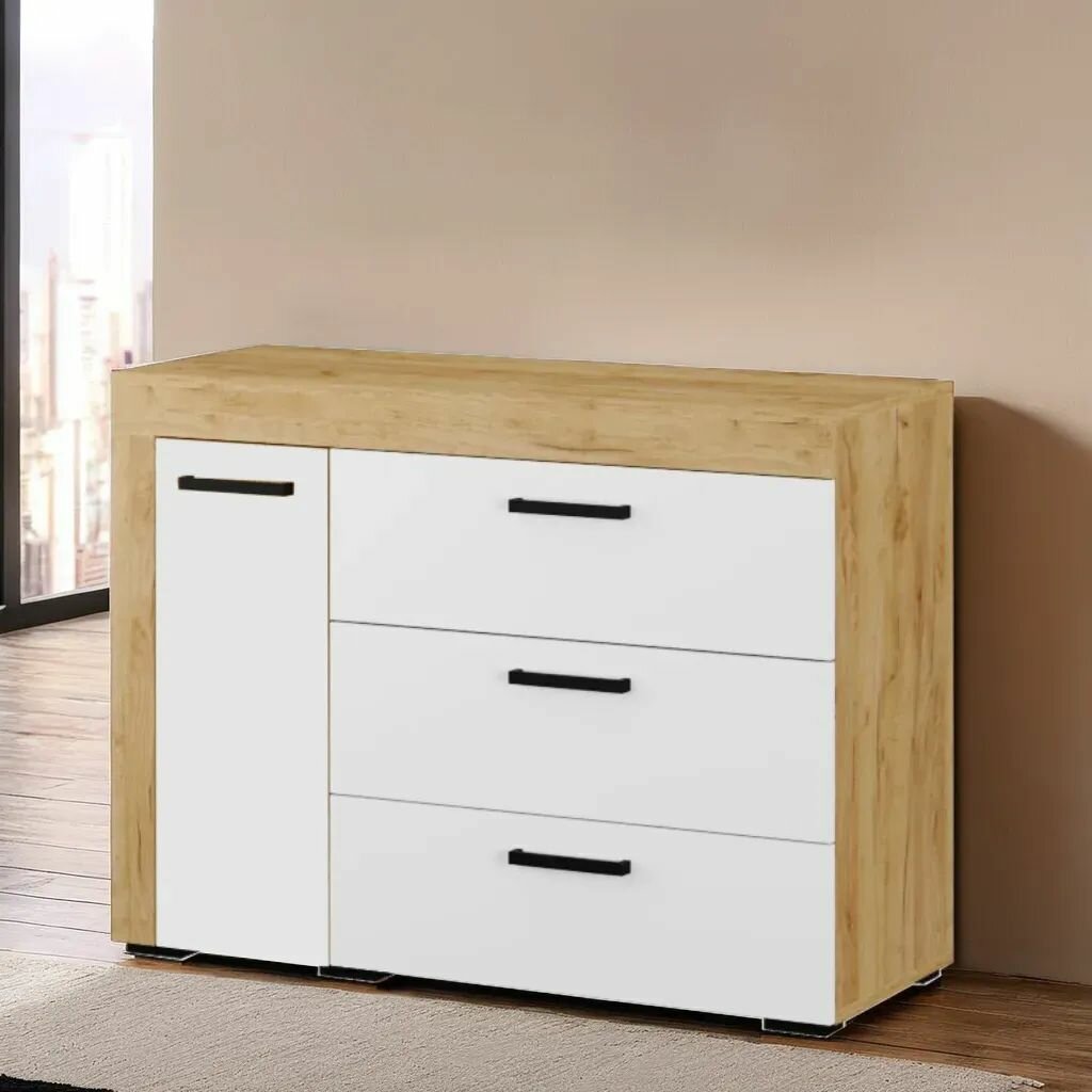 Комод Адель Дуб Крафт Золотой/ Белый, ЛДСП, с ящиками, полками, для спальни, гостиной, прихожей 820х1100х425, текс