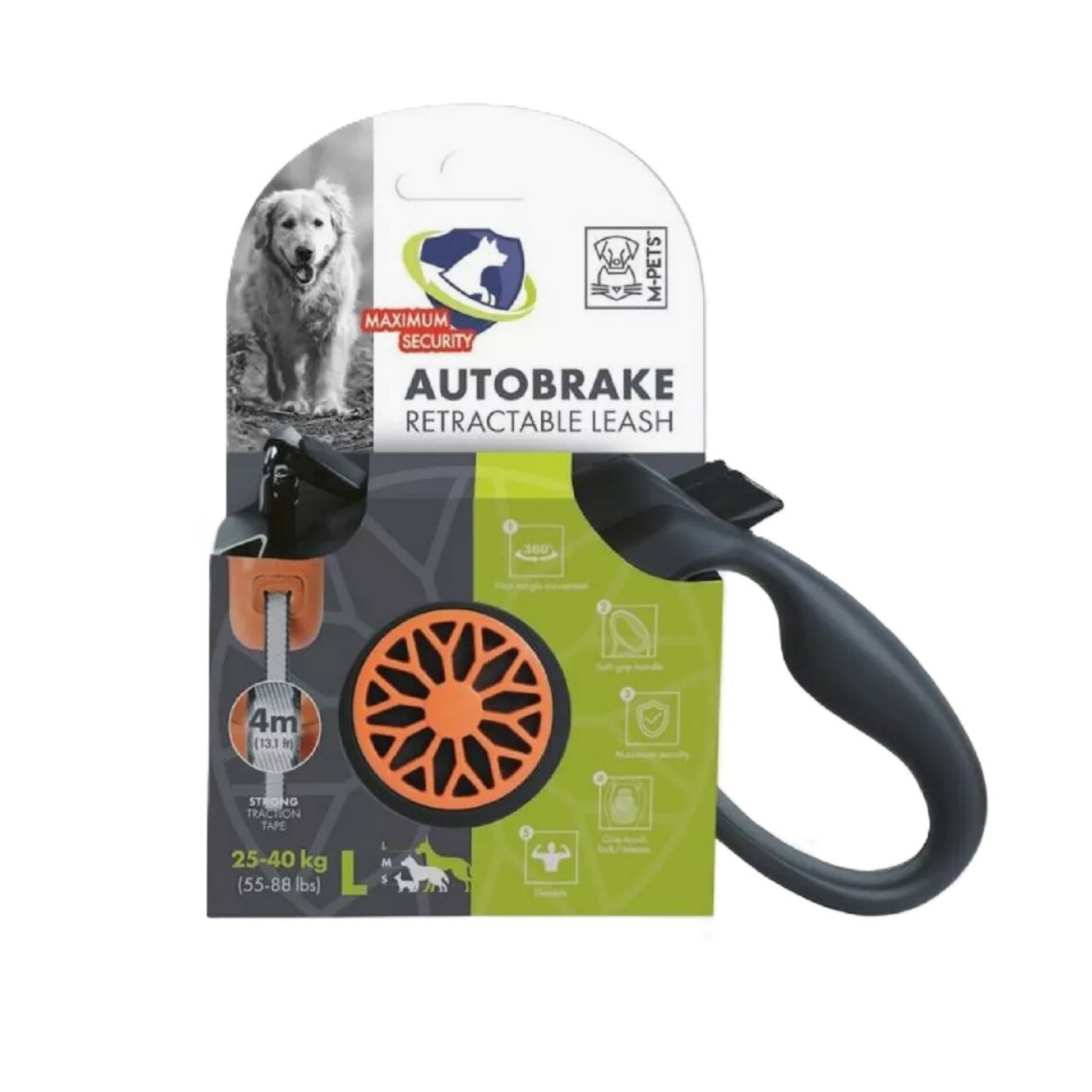 M-PETS Поводок-рулетка с автотормозом , 4м, до 40кг, оранжевый 17х12х6см