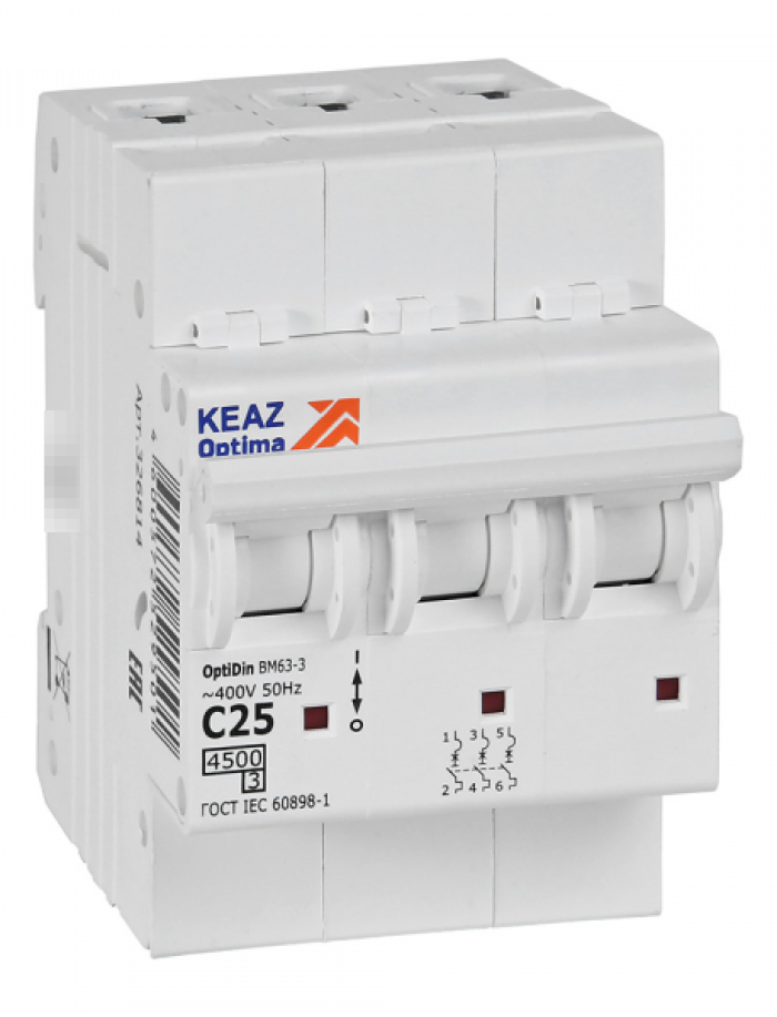 Автоматический выключатель КЭАЗ OptiDin BM63-3С25-4.5-УХЛ3, 3P 25А характеристика С 4.5кА с двумя заглушками, 326814 / электроавтомат