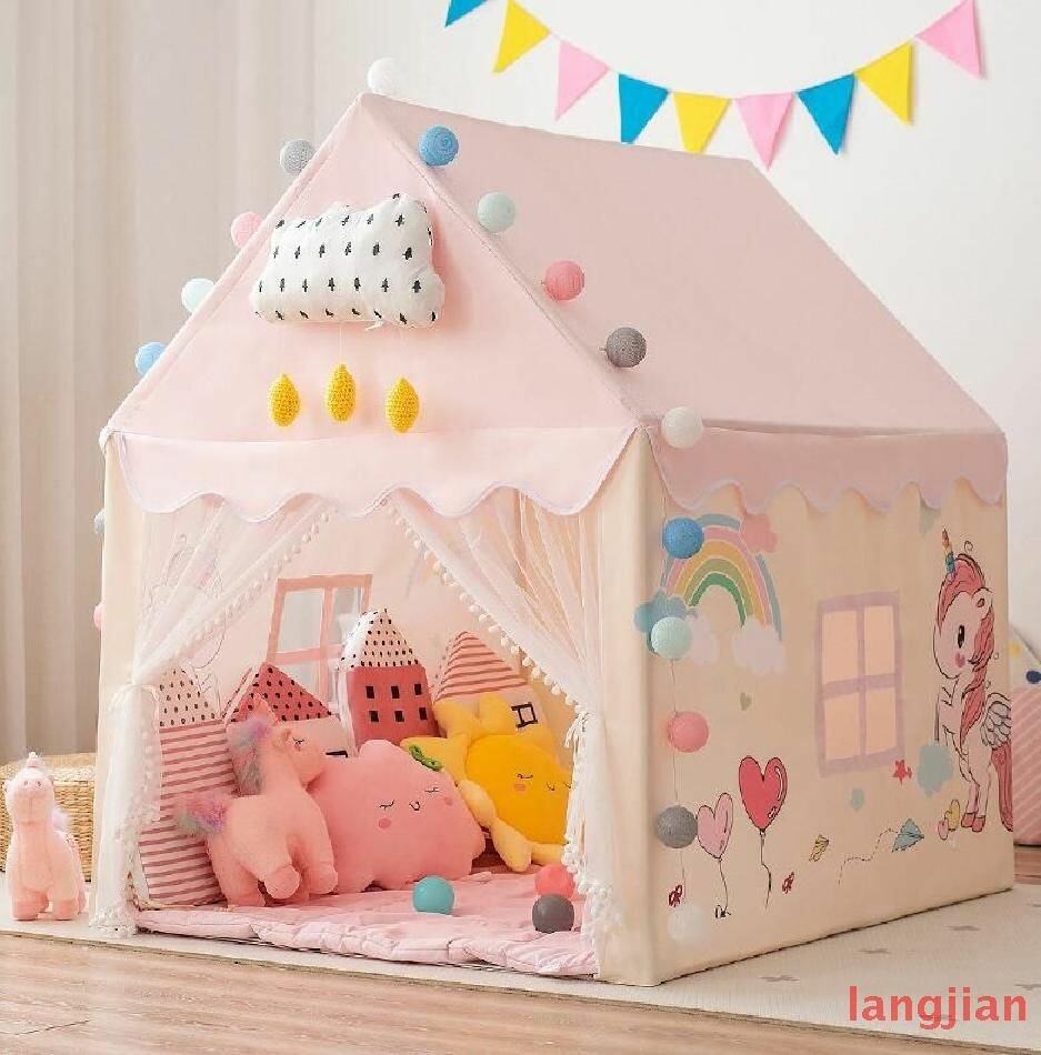 Палатка детская игровая с ковриком и свет "Cute UNICORN" / Деревянная рама Розовый / SIZE 105X120X140CM