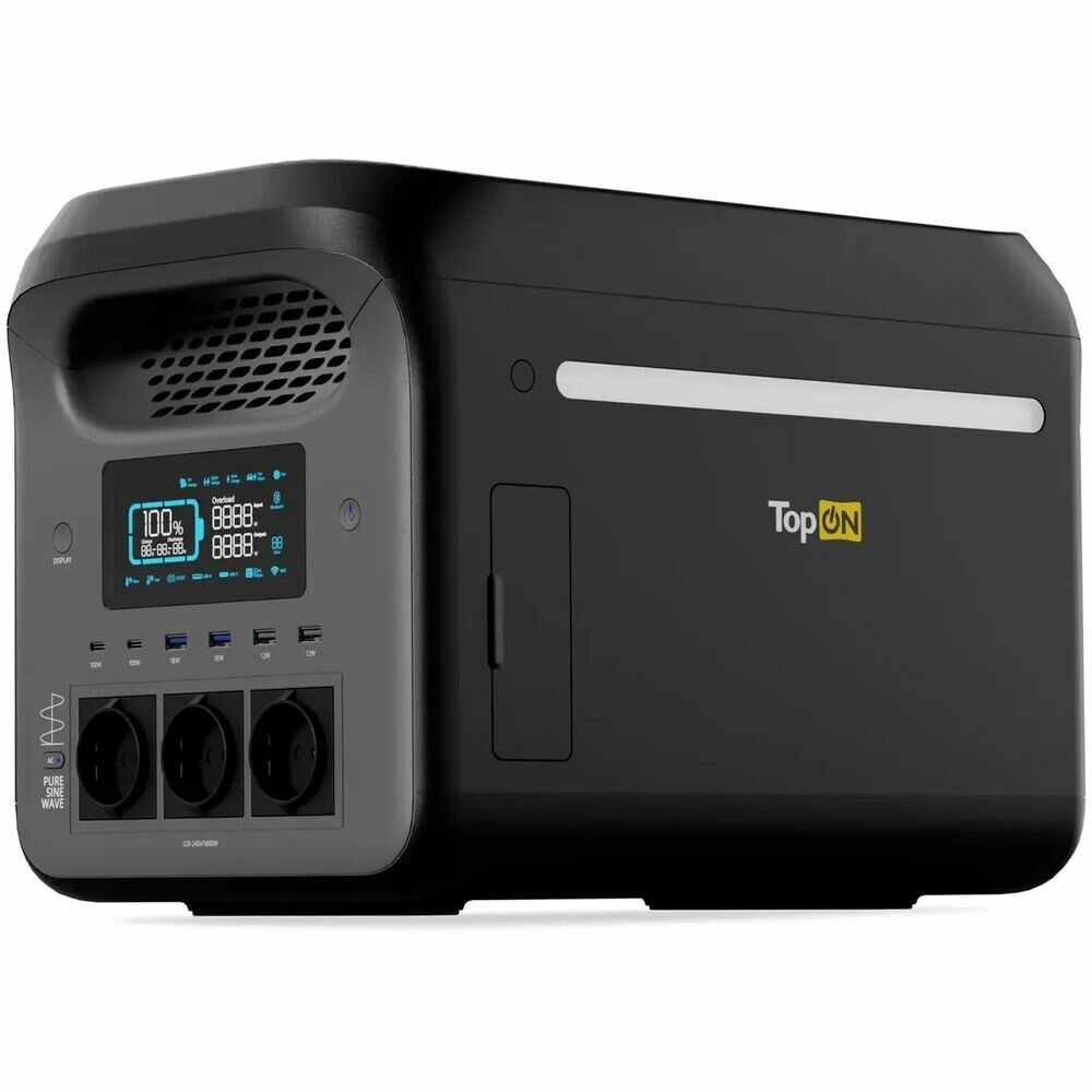 Портативная зарядная станция TopON TOP-H1800 1229Wh 384Ah 3 розетки 220 В, DC и авторозетка 12.6 В, 2 Type-C 100 Вт, 4 USB, фонарь, EPS, Wi-Fi Bluetooth
