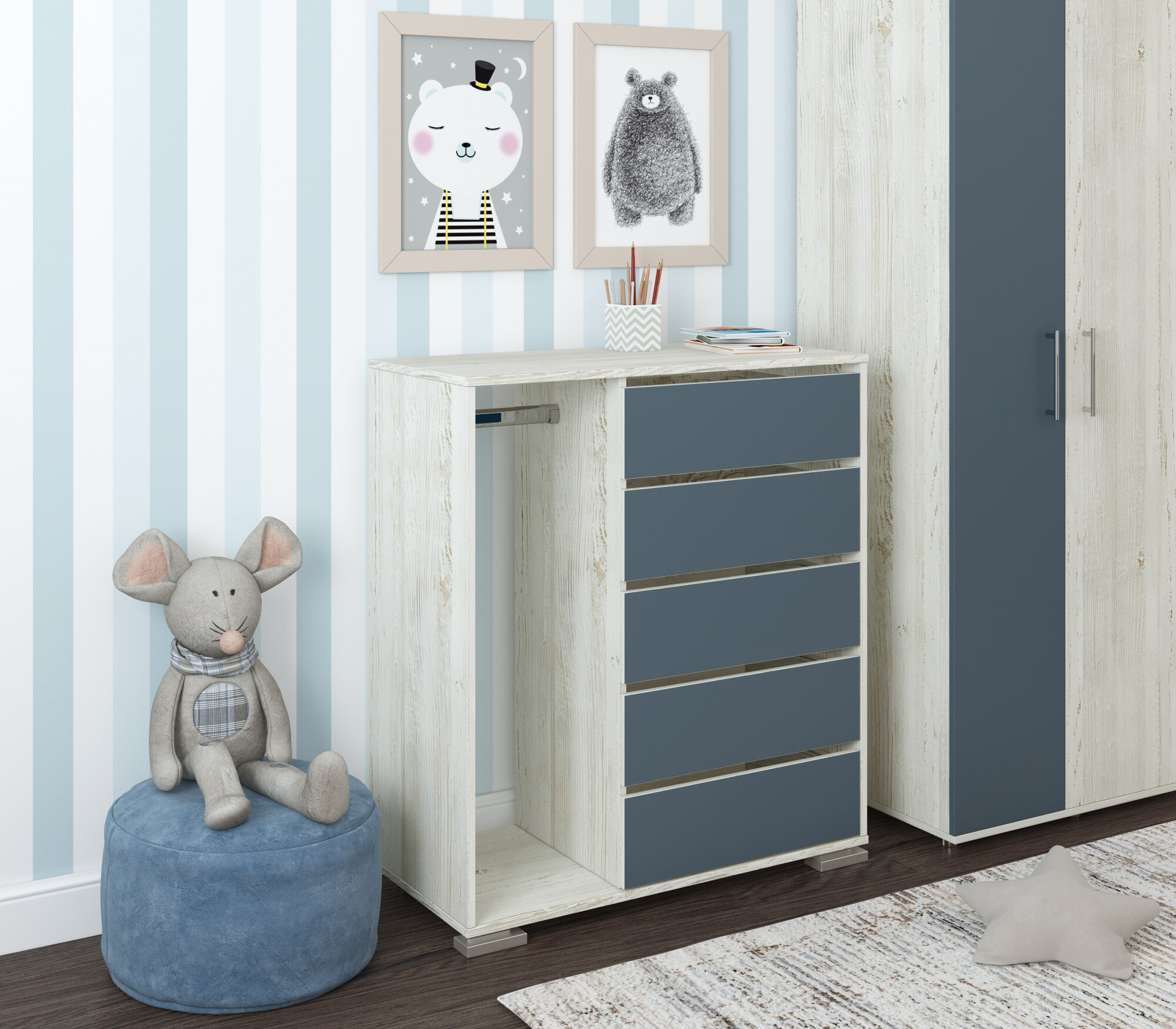 Шкаф, комод, шкаф-комод с ящиками, со штангой Есэндвич Лаворо, 90x43х102 см, правый (Сосна винтерберг/Маренго)