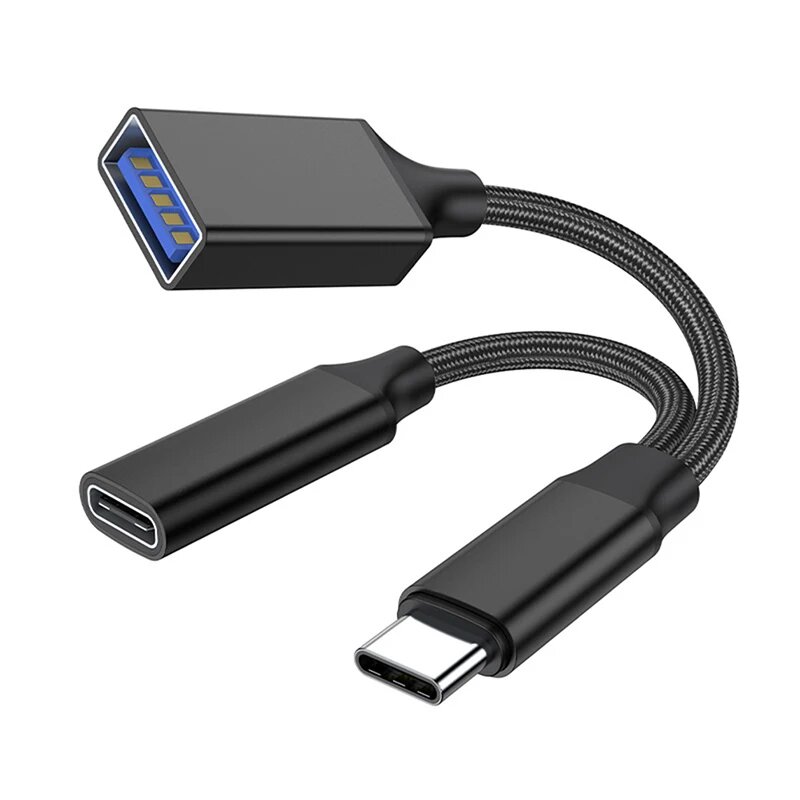 Кабель USB C OTG Адаптер для телефона 2в1 Тип C «папа» к USB C «мама» Порт зарядки с разветвителем USB «мама» Black