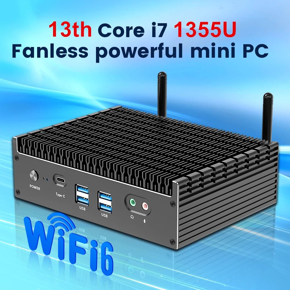 Мини-ПК Intel i7 1355U/i5 1335U безвентиляторный i7-1255U 1265U WiFi6, No Ram No Storage, ЕС