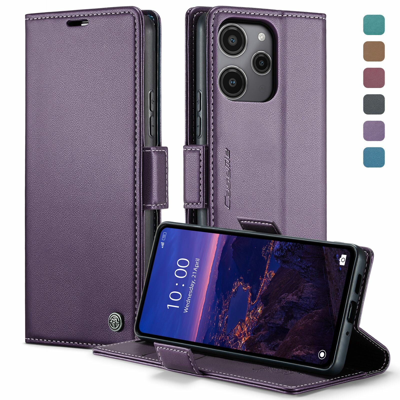 CaseMe Кожаный чехол для Xiaomi Redmi 12 4G/Poco M6 Pro/Note 12R 5G / Сяоми Редми 12 4G / Поко М6 Про RFID-блокировка, магнитная застежка, держатель для карт, подставка, противоударная, новинка