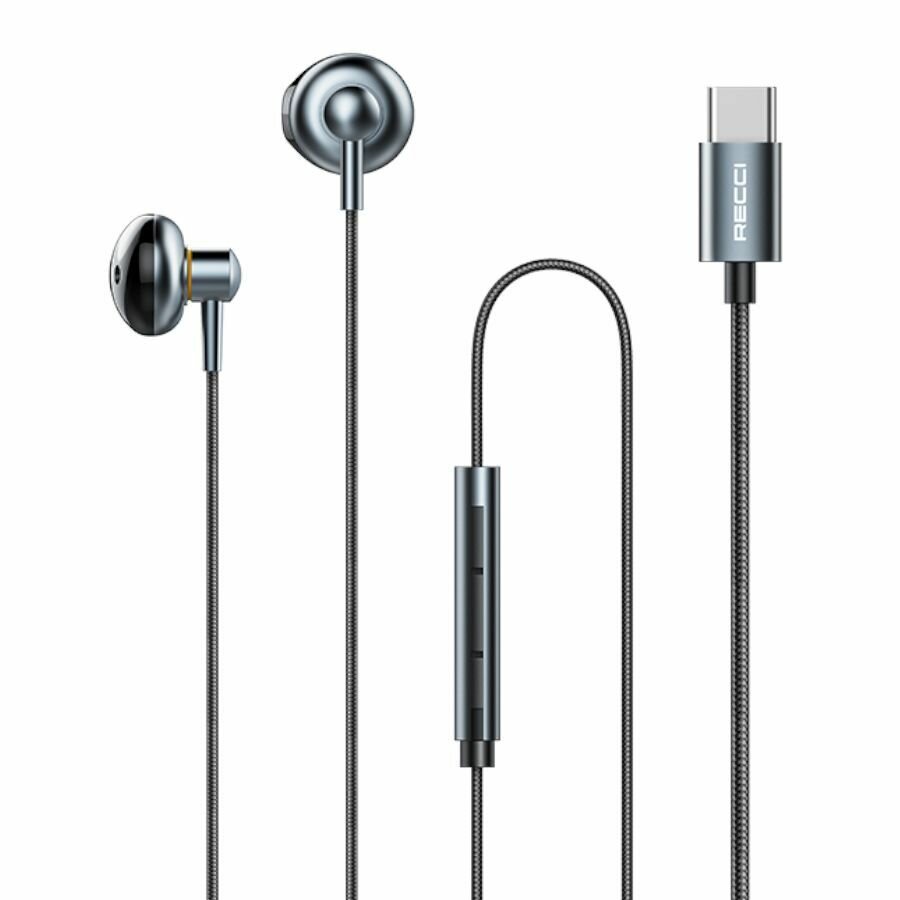 Наушники проводные Recci REP-L26 Metal Wired Earphone с микрофоном, Type-C, 120 см, TPE оплетка, Цвет Тусклый