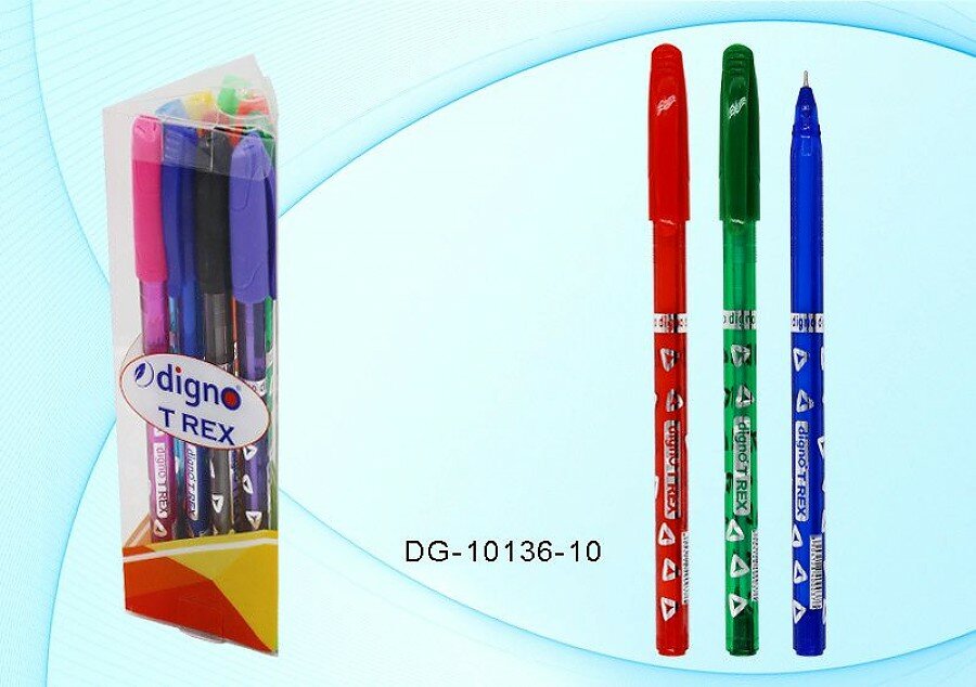 Набор шариковых ручек Miraculous 10 цветов, шариковые 0,7 мм, DIGNO, треугольный цветной тонированный корпус, с серебристым рисунком (DG-10136-10)