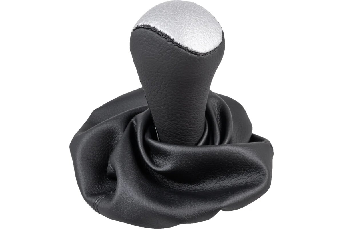 Ручка КПП из искусственной кожи 2108-09 в чехле черная с серебряной вставкой SKYWAY S06202028