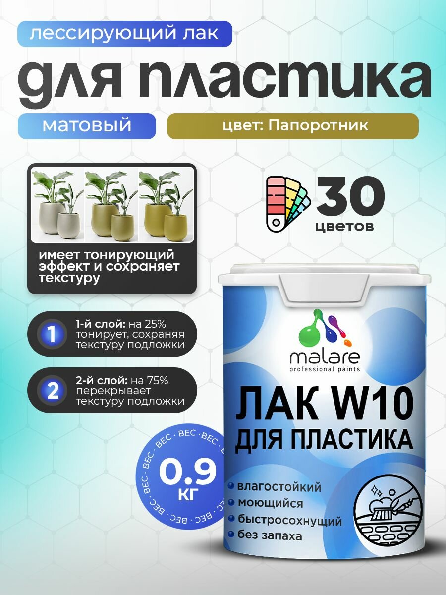 Лак колерованный тонирующий для защиты пластика Malare W10 акриловый моющийся быстросохнущий, матовый, папоротник, 0.9 кг.