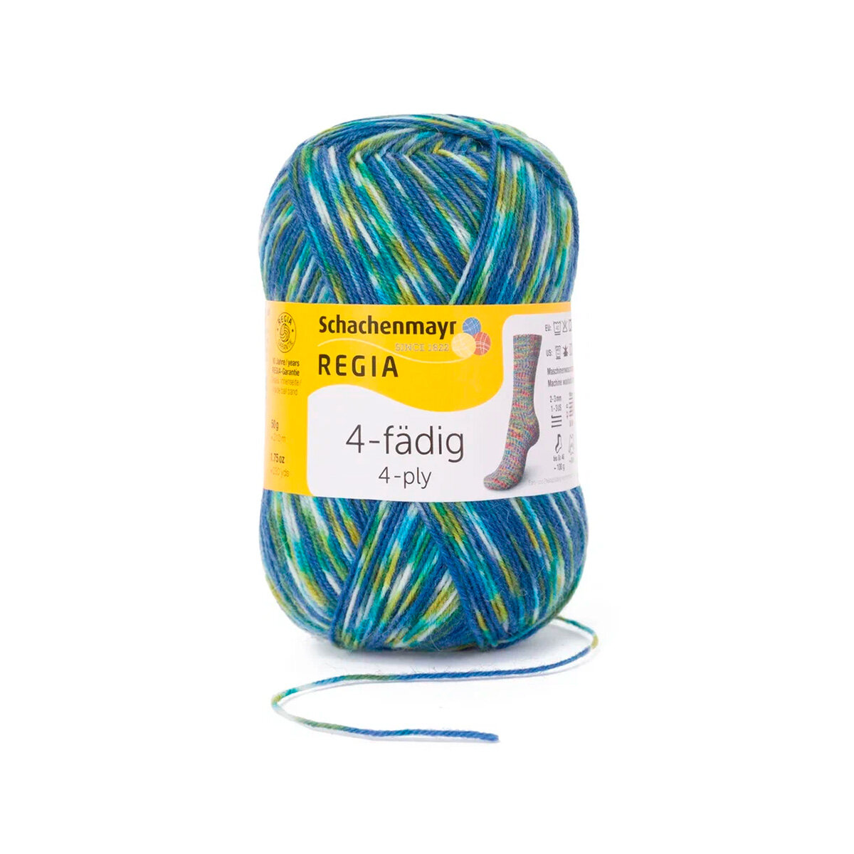 Regia 4-fadig Color 100g / Регия 4 нитки 100г/ пряжа Regia, 4 нитки, MEZ, 9801269 (09395, camping color (кемпинг), белый/голубой/салатовый/синий)