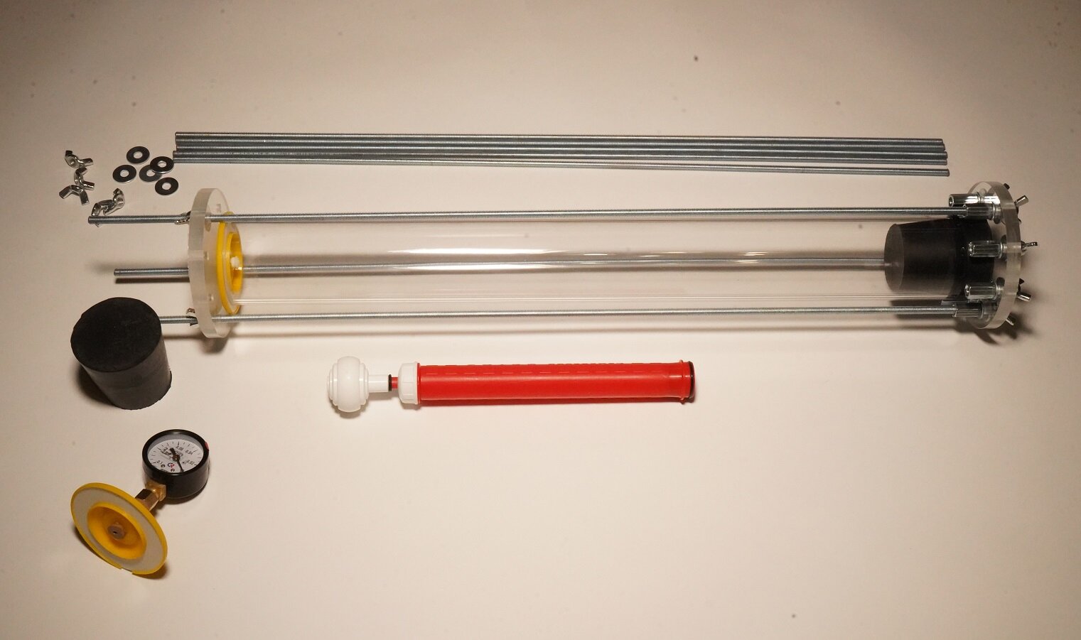 Прочный прозрачный вакуумный контейнер-тубус (60 мм) с фланцами, шпильками и вакуумметром