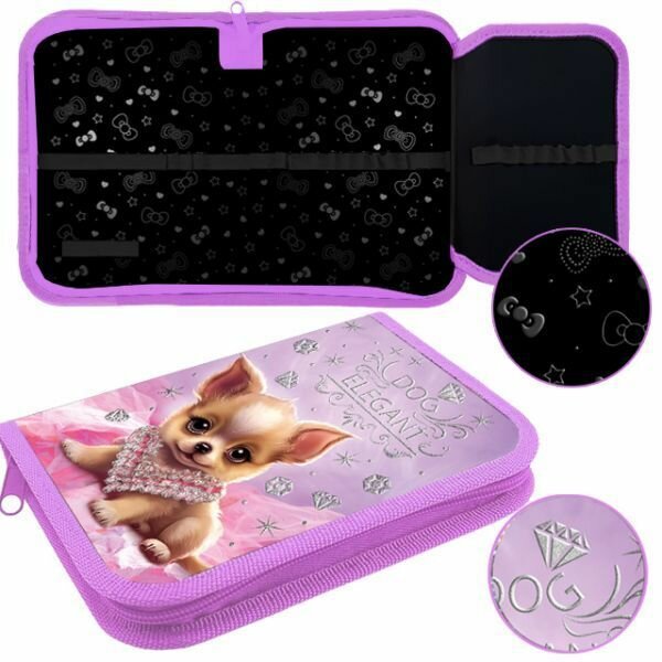 Пенал Оникс 1 отделение с 1-ой откидной планкой 190х130х27 мм, молния, ламинация картон "Собачка в алмазах" 3D лак, 3D фольга