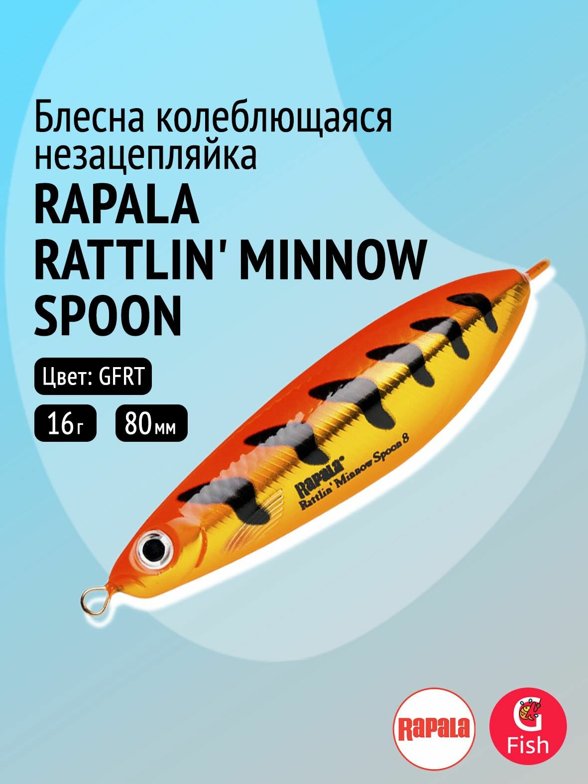 Блесна для рыбалки колеблющаяся RAPALA Rattlin' Minnow Spoon, 8см, 16гр /GFRT (незацепляйка)