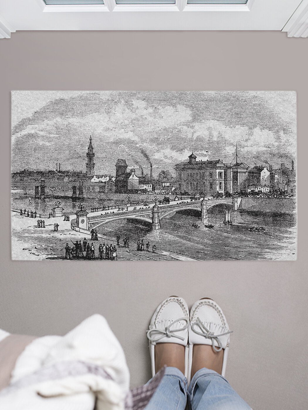 Коврик придверный в прихожую с принтом "Гравюра города" 45x75 см , JoyArty