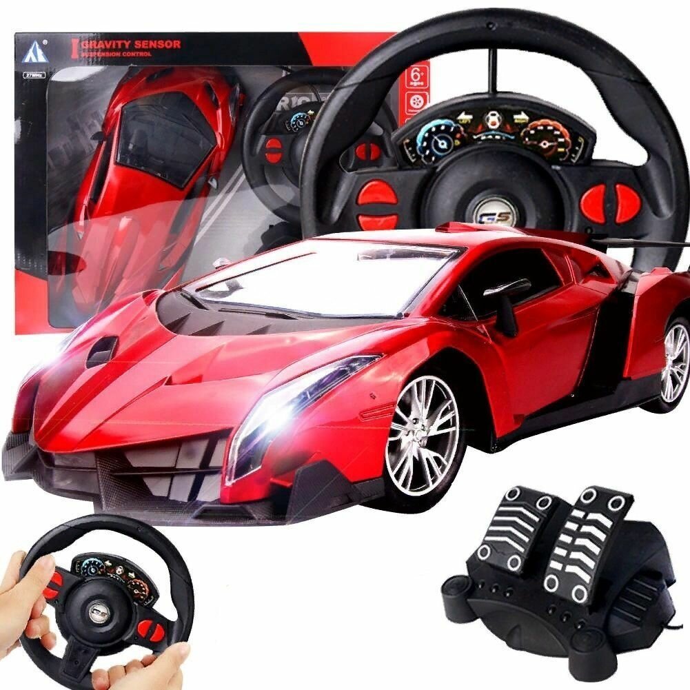 Машинка Lamborghini 28 см на радиоуправлении с аккумулятором, управление гравитационным рулем и педалями, масштаб 1:16