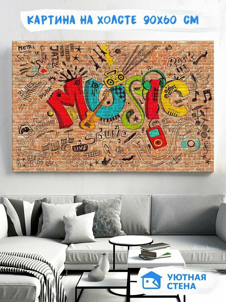 Картина на натуральном холсте Уютная стена "Граффити музыка на кирпичной стене" 90х60 см