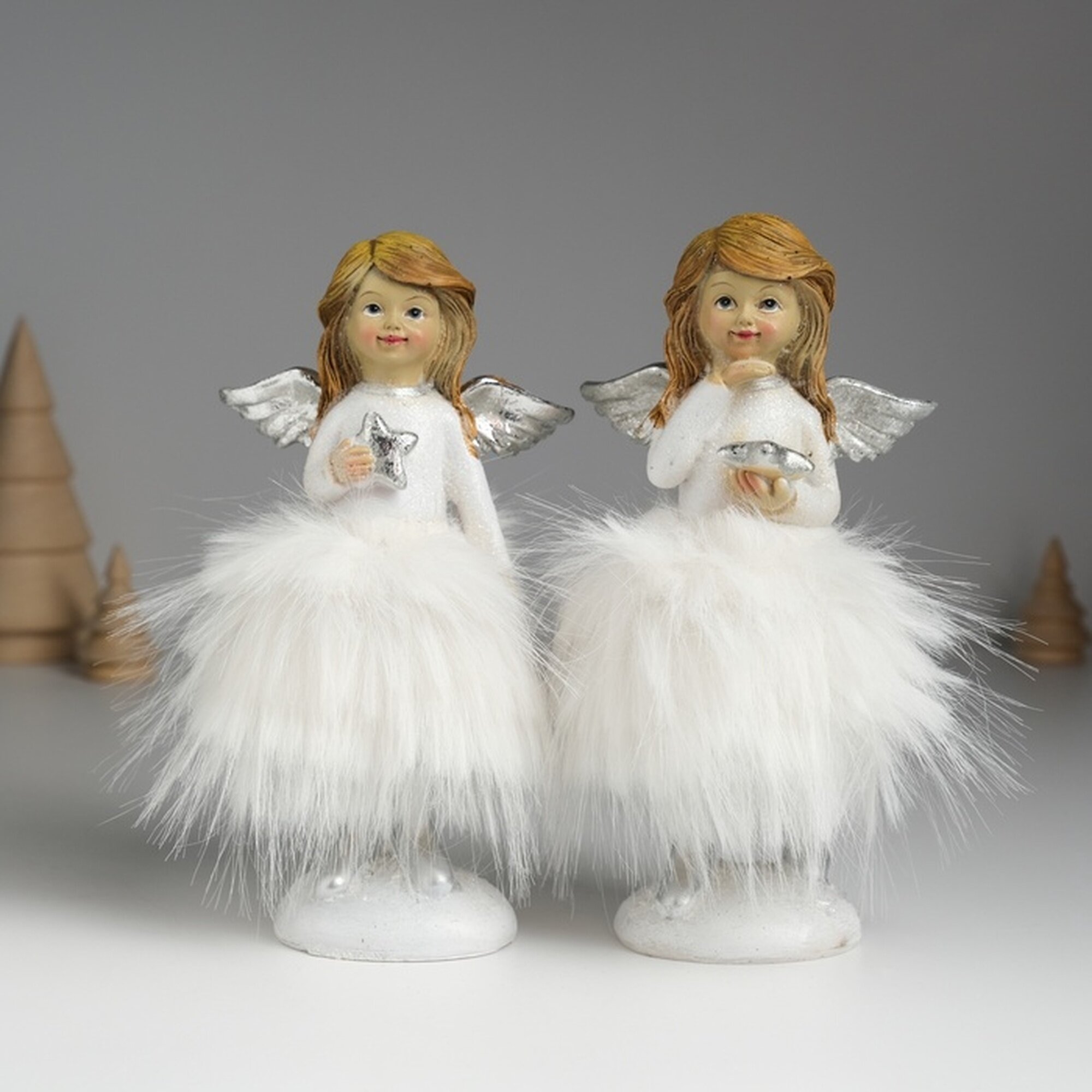 Сувенир полистоун "Ангелочек в белом платье с меховой юбкой" микс 8,5х8х15,5 см