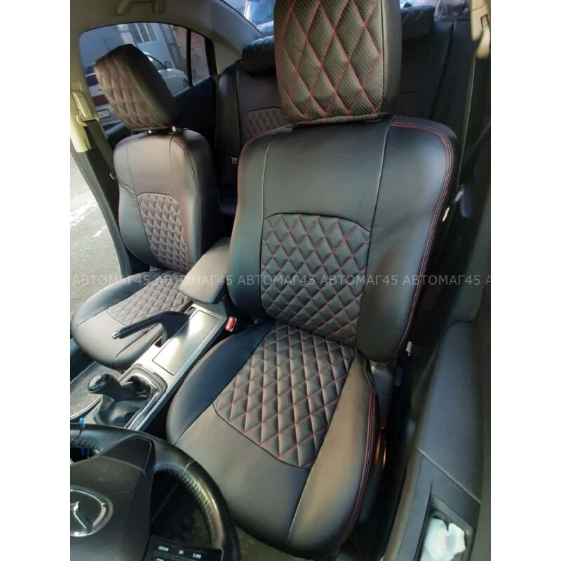 Авточехлы Mazda 6 Мазда 6 2012-2022г экокожа черная красная нить ромб