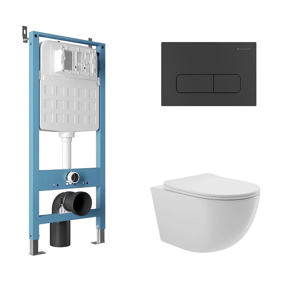 Комплект Aqueduto AQDS113 Унитаз подвесной Ovo безободковый, с микролифтом / Система инсталляции для унитазов Tecnica Novo / Кнопка смыва Forma черная матовая