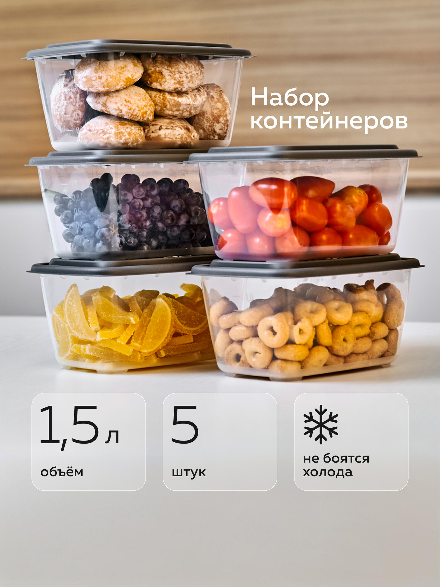 Набор контейнеров «Гурман», Альт-Пласт, графит, 1,5лх8 (5шт)