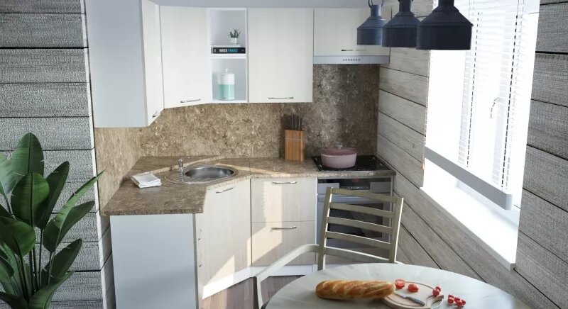 Кухонный гарнитур Герда Ольга оптима 4 1400*2000 мм, каркас ЛДСП, фасад ЛДСП, Белый/Латте/Карамель