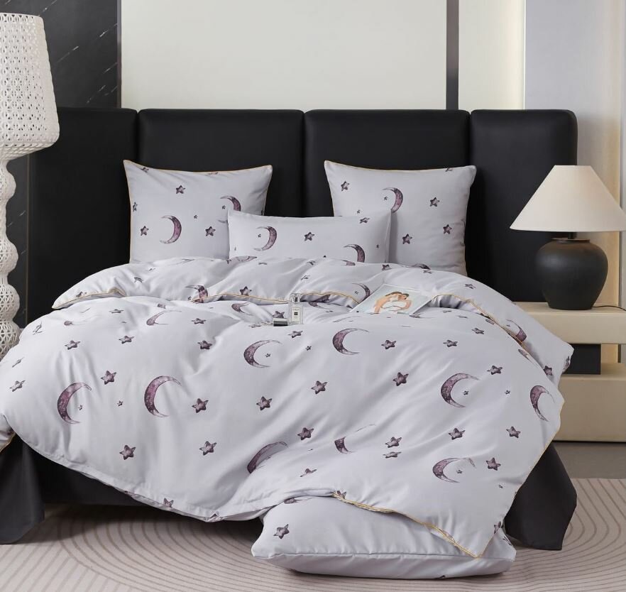 Комплект постельного белья ALANNA Евро Сатин - Белый Звездочки Луна /Пододеяльник 200x220 см. / Простыня 220x240 см.