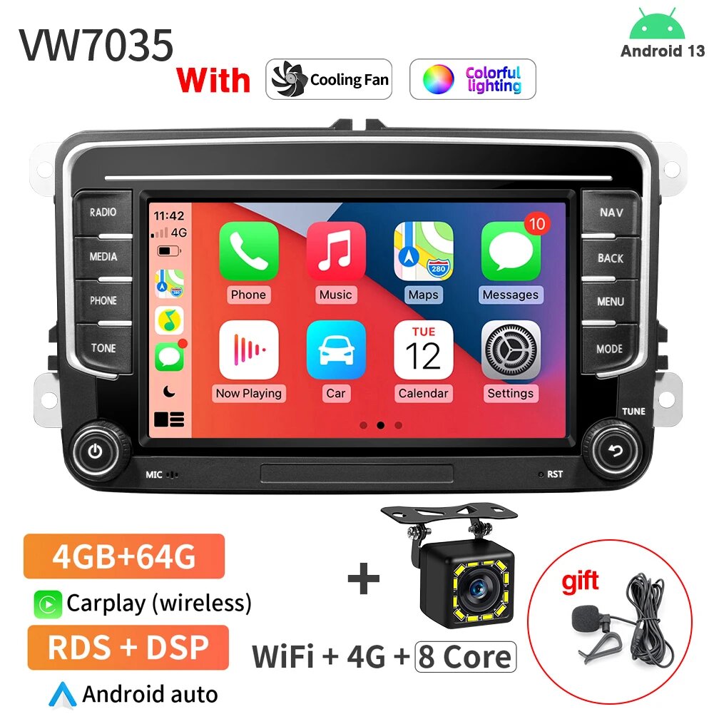 Автомагнитола GRANDnavi 2 Din Android С GPS Для VW Volkswagen Skoda Octavia 4G 64G CARPLAY 12LED
