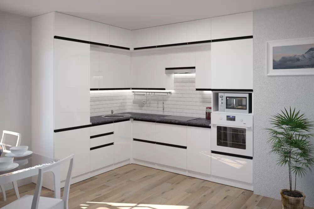 Кухонный гарнитур Герда Лотос гранд прайм 2100х2700 мм, каркас ЛДСП, фасад ЛДСП, Белый/Белый глянец/Кастилло темный