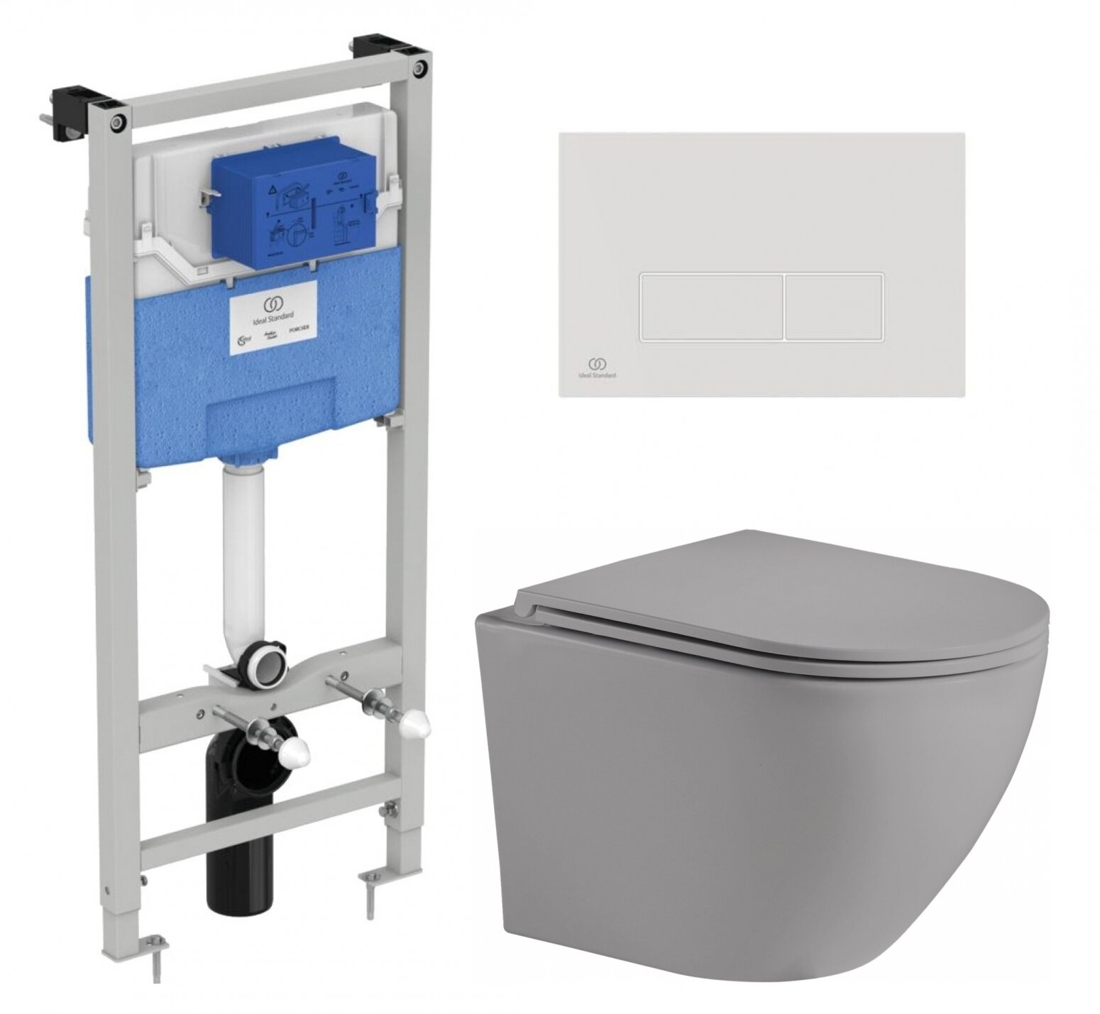 Комплект 3 в 1 инсталляция Ideal Standard + Унитаз подвесной Weltwasser WW Merzbach 043 MT-GR + кнопка белая